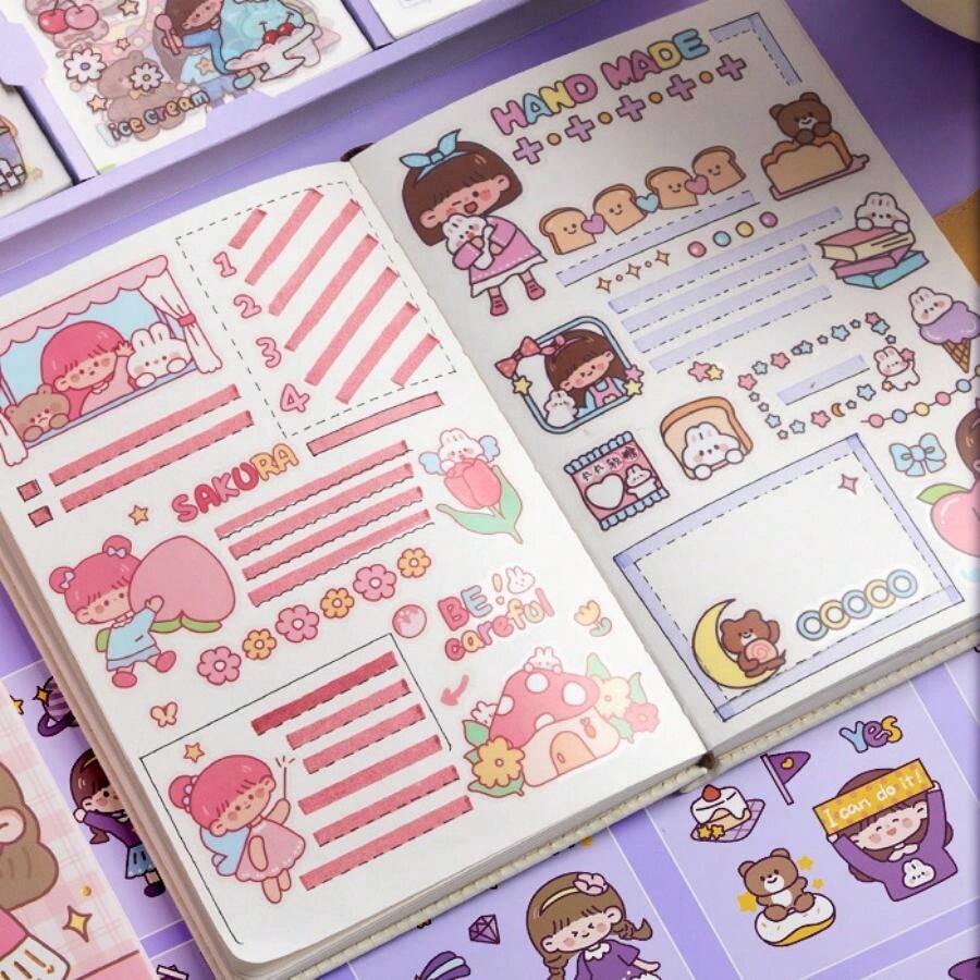 1box 200pcs Non-Repetitive Pink Cartoon Doodle Stickers, Cute Diy ...