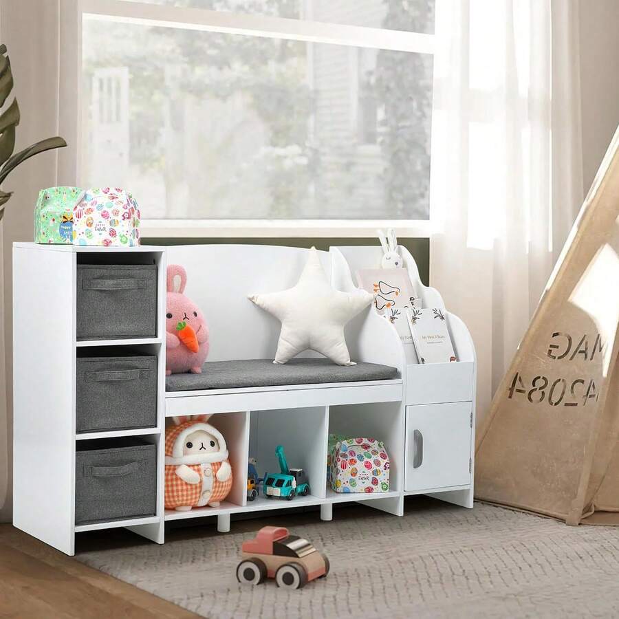 Kids Bookshelf With Reading Nook,Bookcase With Detachable Cushion ...