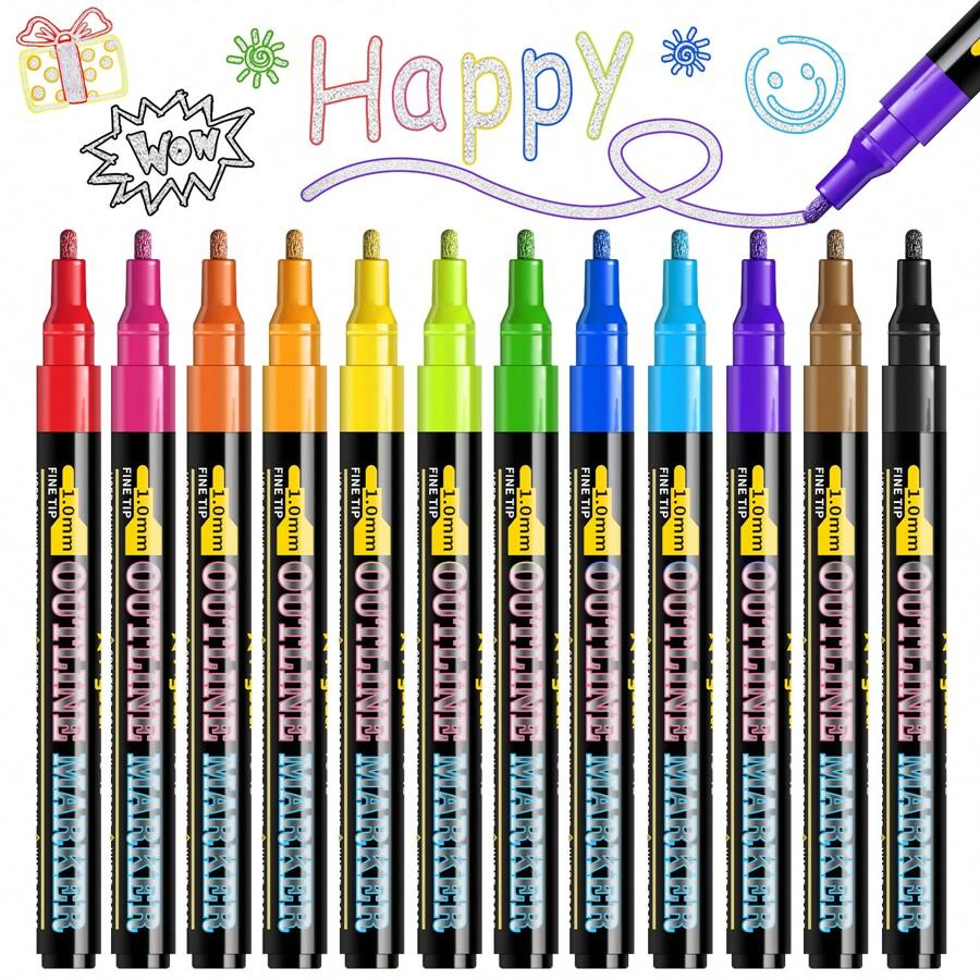 Double Line Outline Pens, 12 Colors Self-Outline Silver Metallic ...