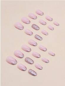 24pcs Short Round Head Fake Nails With Shiny Red & Pink French Style ...