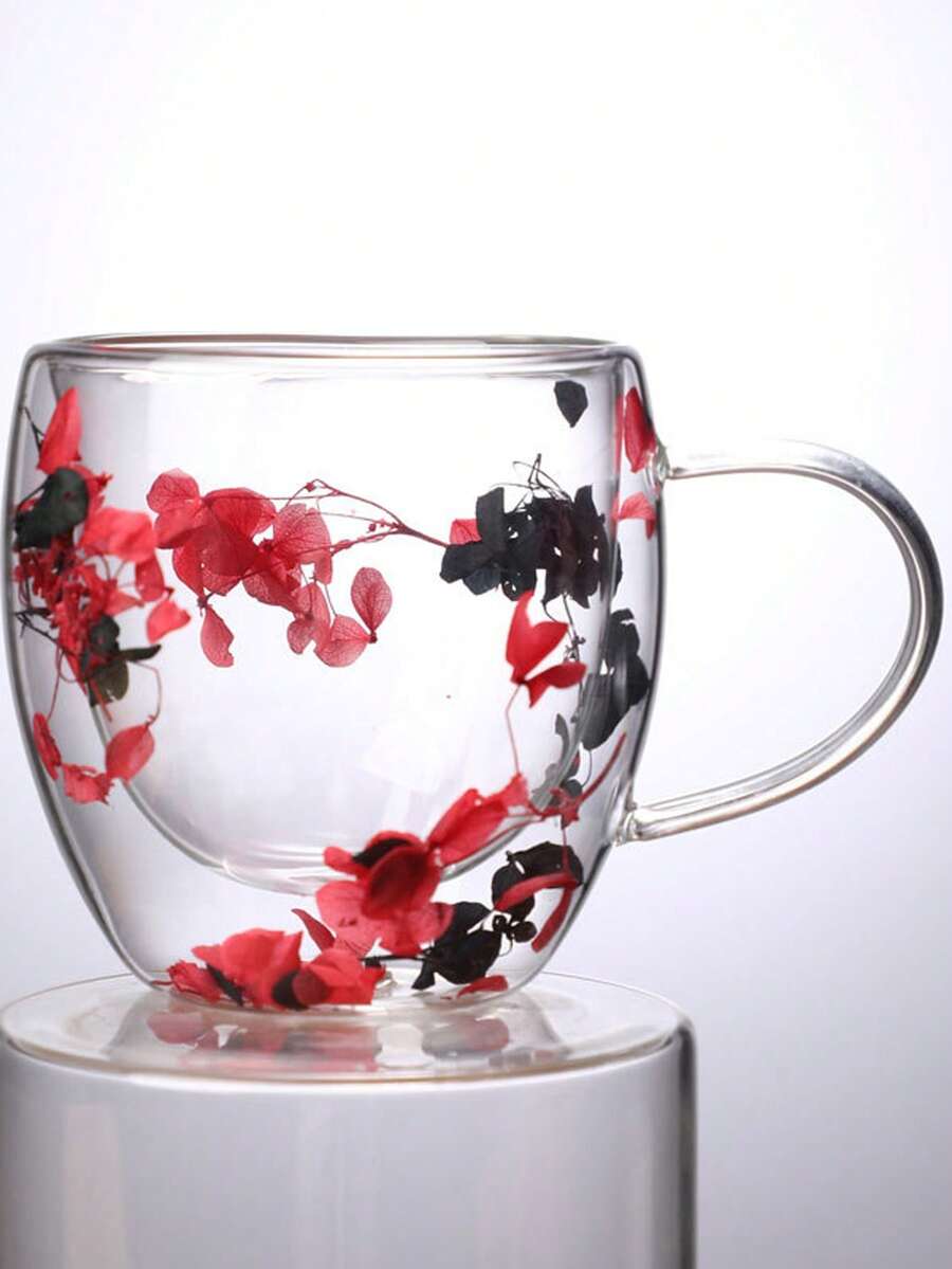 High-Value Creative Double-Layer Glass Cup With Real Flowers And Handle ...
