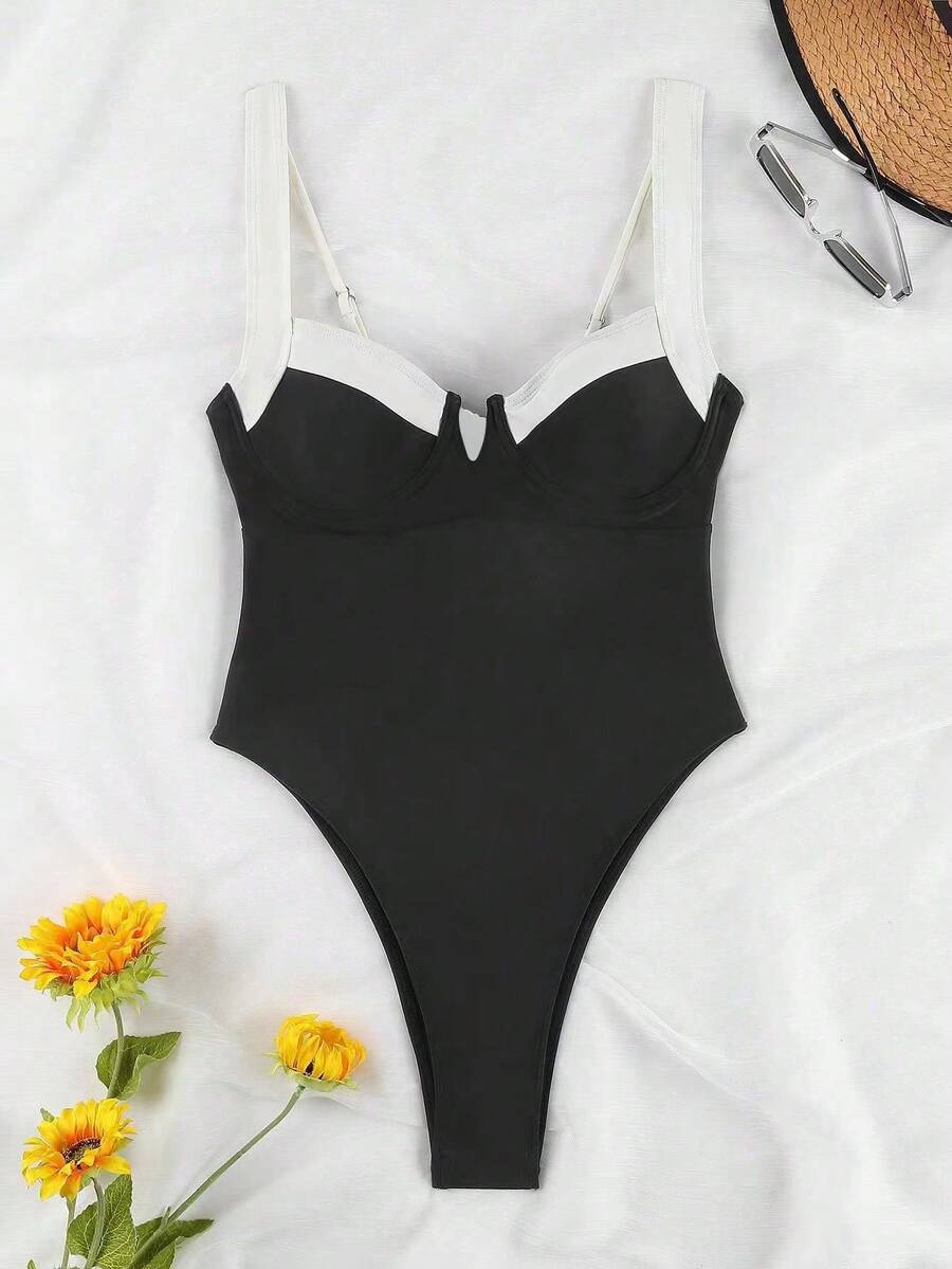 European And American Sexy V-neck Black And White Splice One-piece Swimsuit | SHEIN USA
