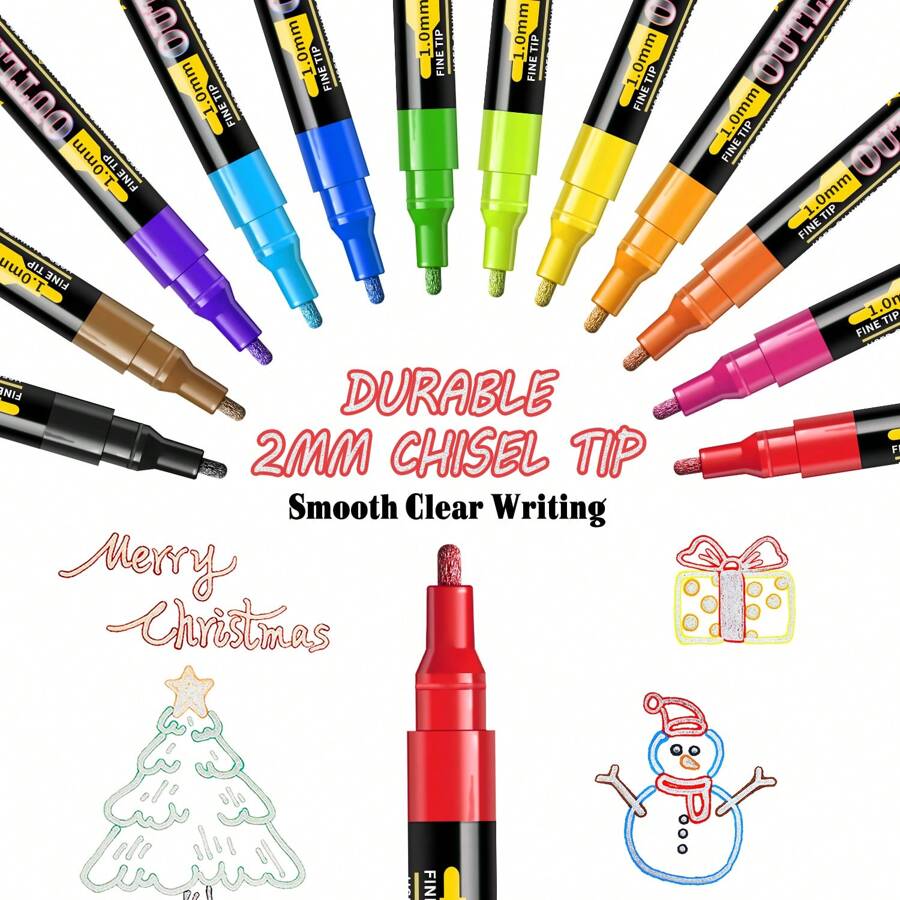 Double Line Outline Pens, 12 Colors Self-Outline Silver Metallic ...