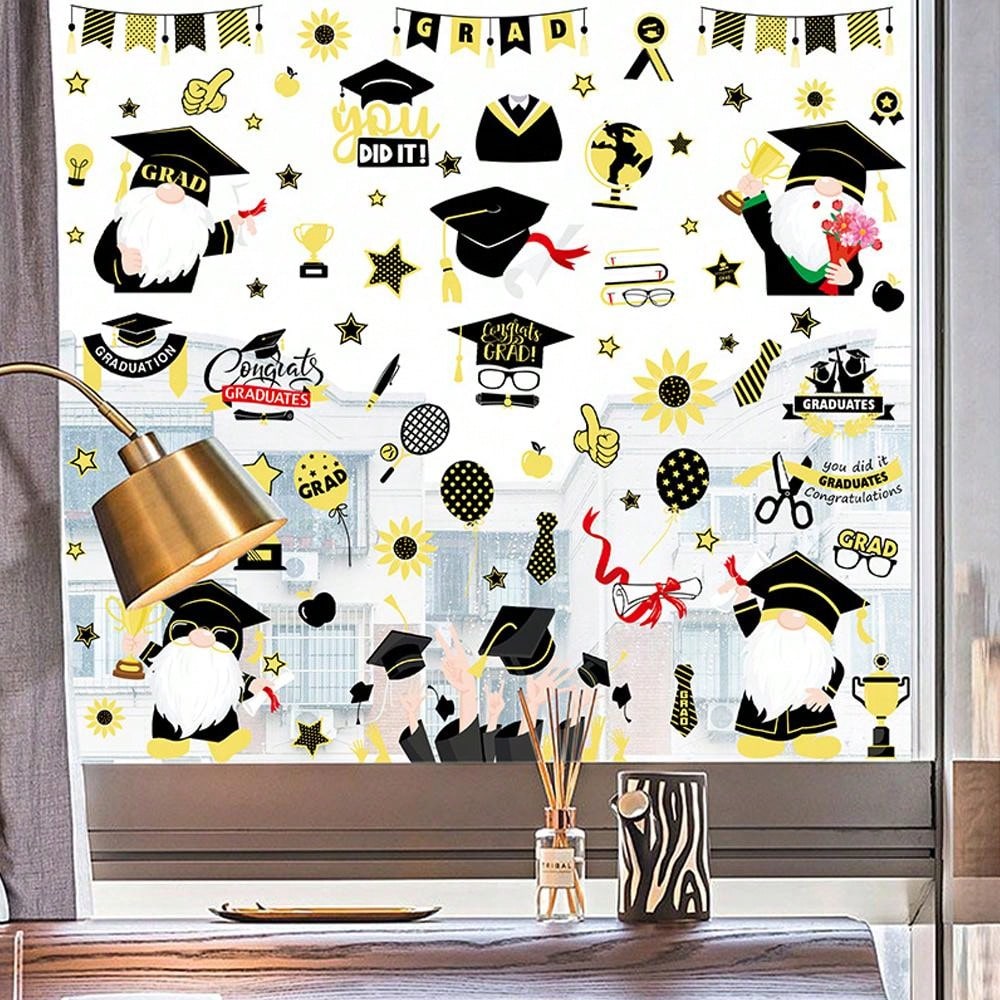 9 Sheets Graduation Window Sticker Gnome Window Clings Removable ...