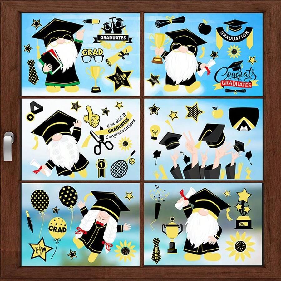 9 Sheets Graduation Window Sticker Gnome Window Clings Removable ...