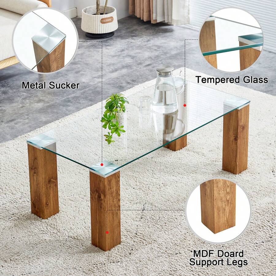Glass Coffee Tables Modern Rectangular Tea Table With Wooden MDF Legs ...