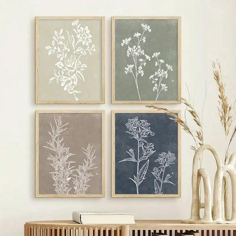4pcs Vintage Abstract Canvas Poster, Flower Plant Wall Art Plant ...
