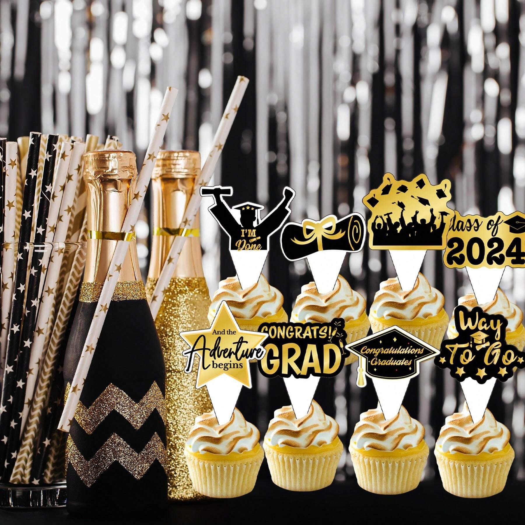 48pcs Yellow Graduation Themed Cake Toppers, 'congratulations On Your ...
