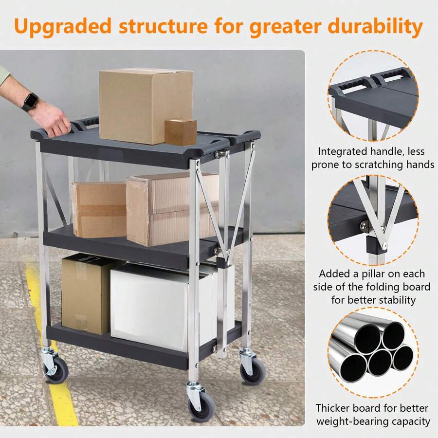 Portable Folding Service Cart - 3 Tier 330LBS Capacity - Rolling Cart Utility Cart Foldable Cart ...