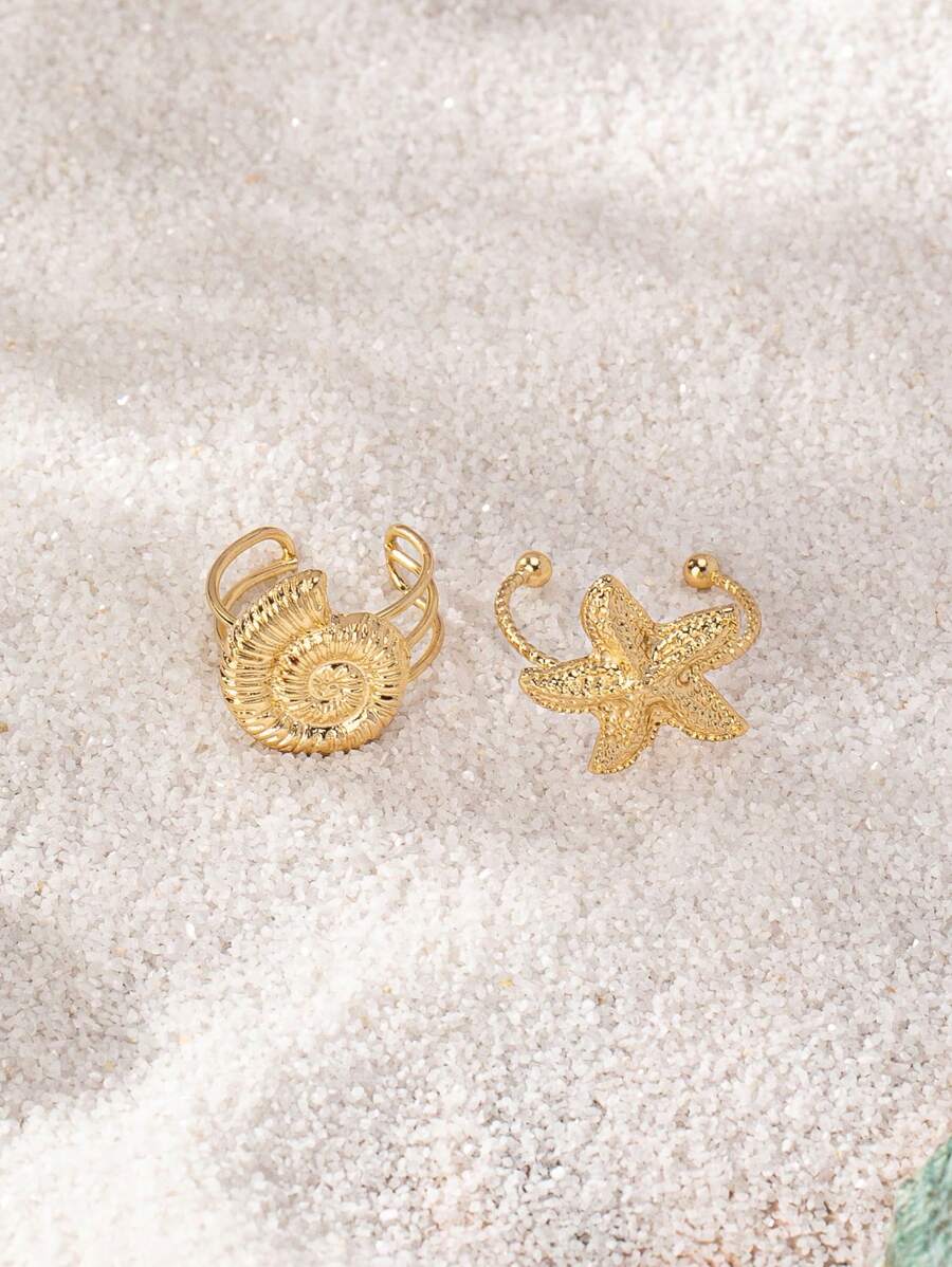 2 Pcs Golden Color Starfish Shell Sea Snail Toe Rings Set Summer ...