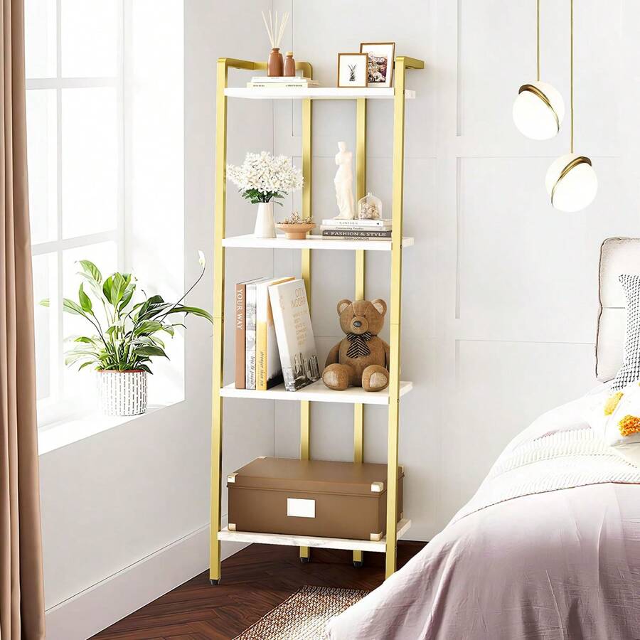 4 Tier Bookshelf,Gold Narrow Bookshelf With Metal Frame,Small Bookshelf ...