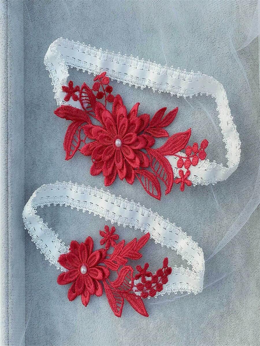 Pair Of Bridal Garters Sky Blue Faux Pearl Lace Embroidery Flower ...