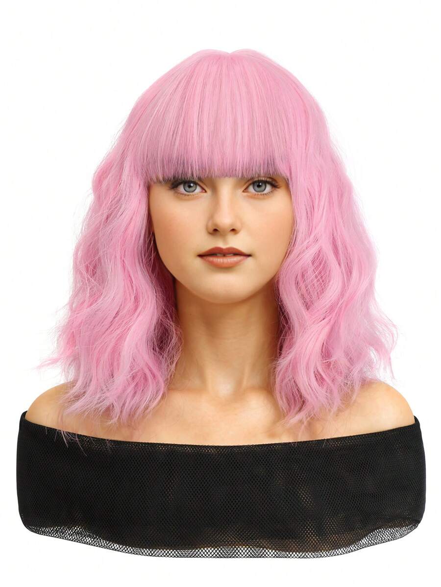 Peluca Sintética De 14 Pulgadas De Corte Bob Rosa Con Flequillo, Fibra ...