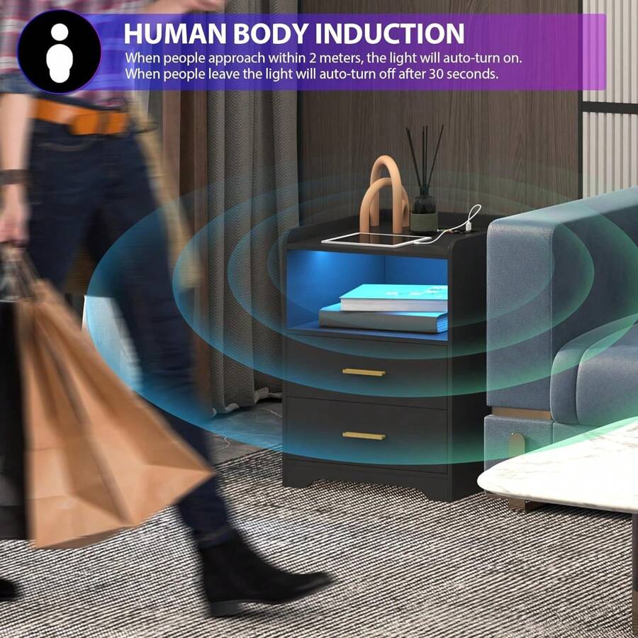 LSTUSA Black LED Nightstand With Charging Station Night Stands With 24 ...