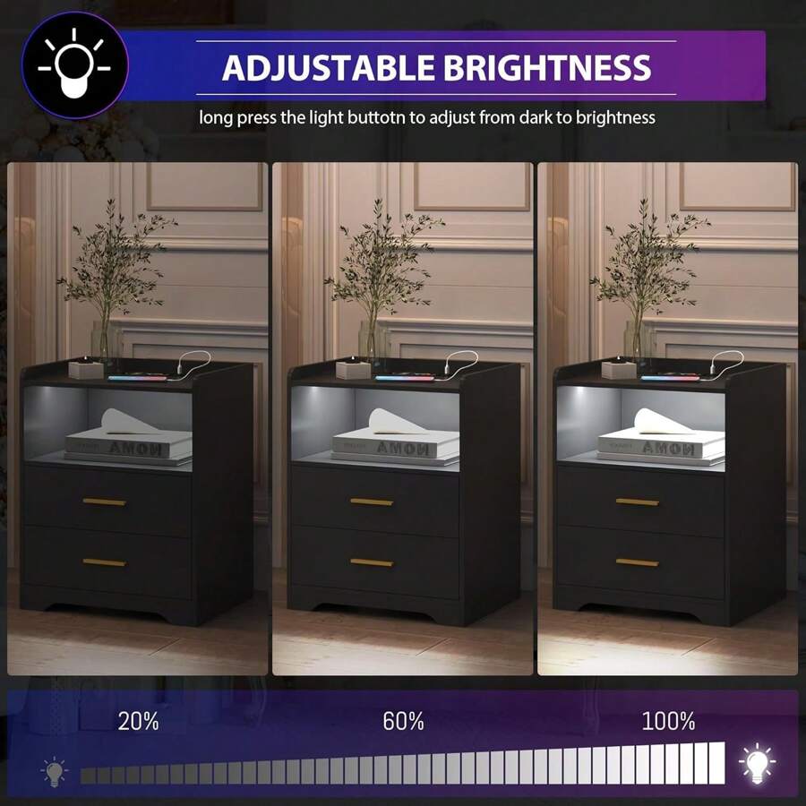 LSTUSA Black LED Nightstand With Charging Station Night Stands With 24 ...