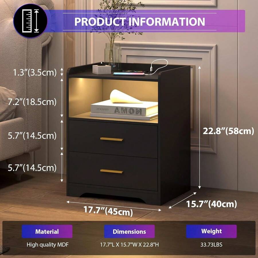 LSTUSA Black LED Nightstand With Charging Station Night Stands With 24 ...