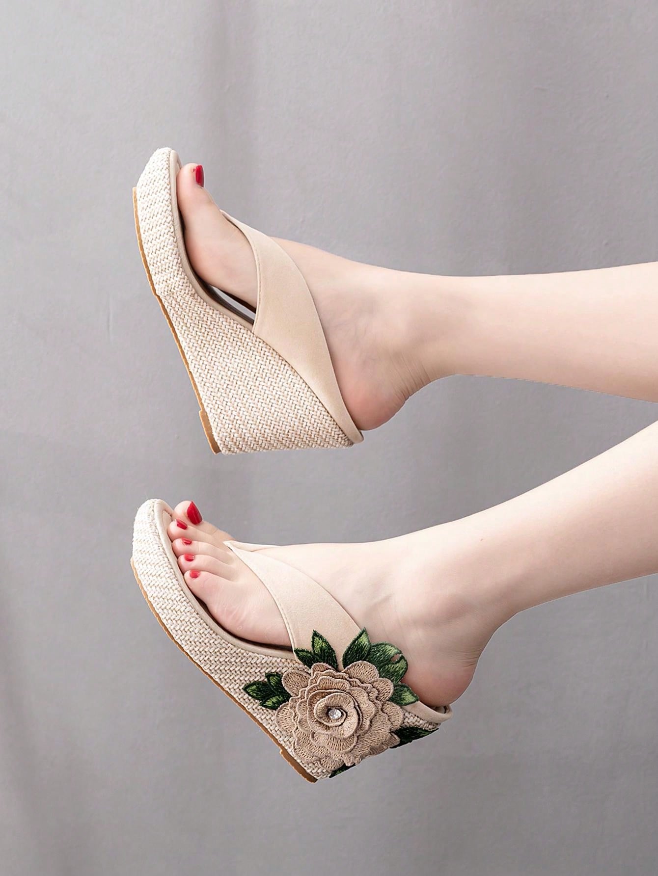 9cm Embroidered Wedge Heel Waterproof Platform Sandals, Women's ...