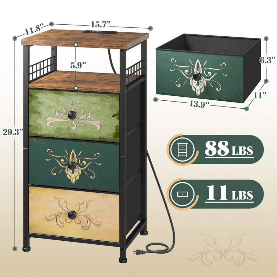 Raybee Nightstand With Charging Station, LED Night Stand With 3 Dresser ...