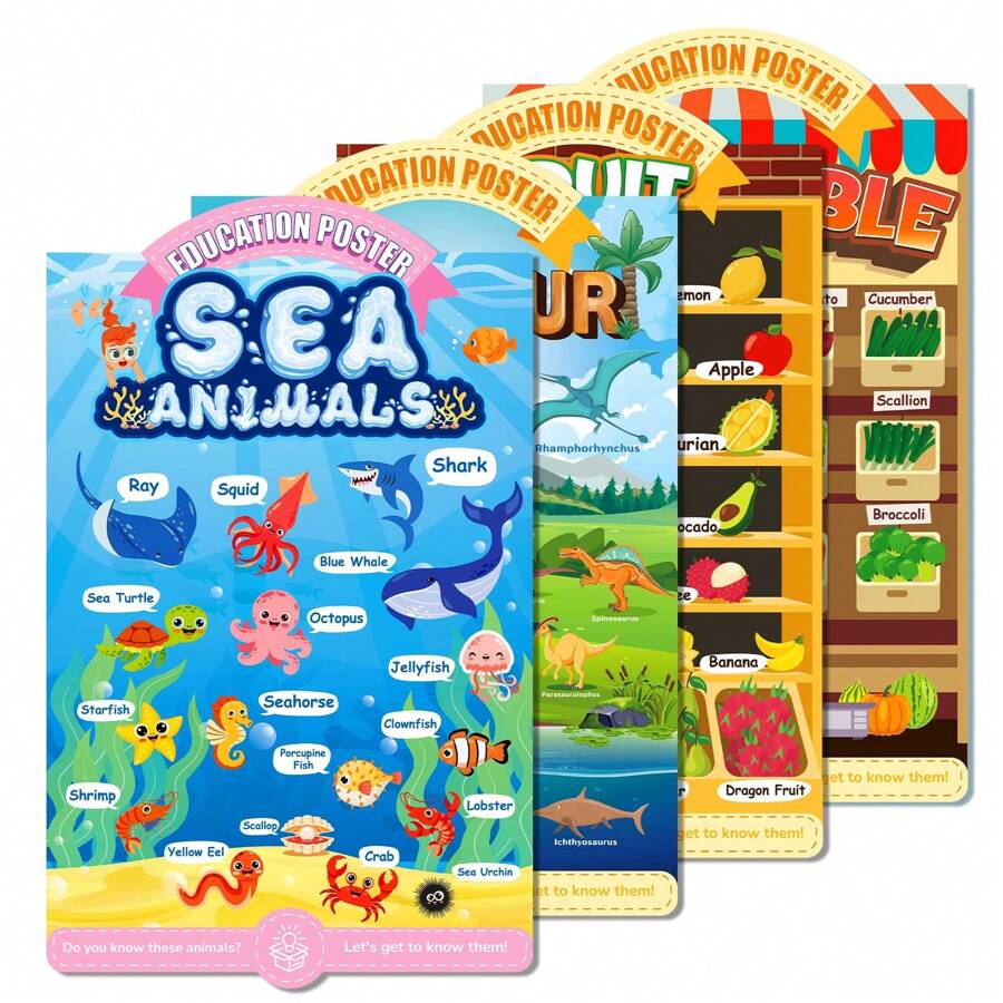 4Pcs English Learning Posters Set, Creative Cartoon Animals Fruits ...