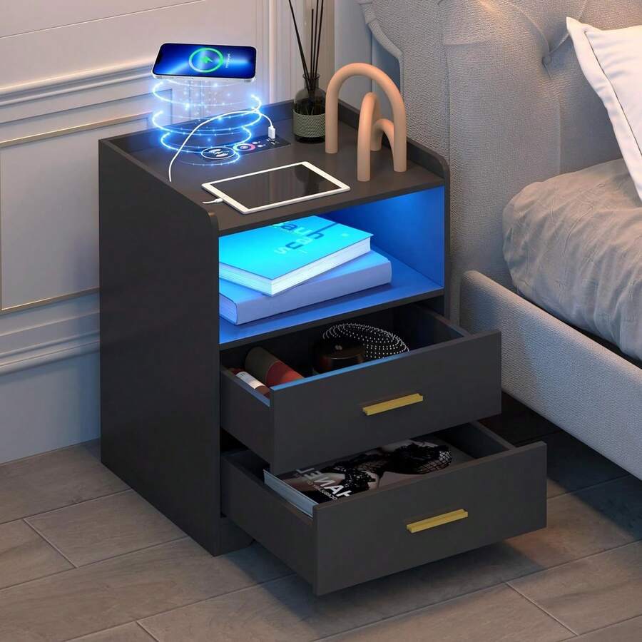 LSTUSA Black LED Nightstand With Charging Station Night Stands With 24 ...