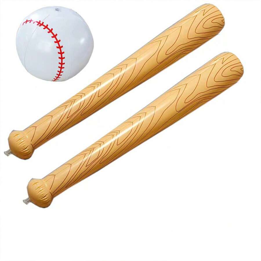 1 Set 80cm Wood Grain Inflatable Pvc Baseball Bat With 2 Yellow Plastic ...