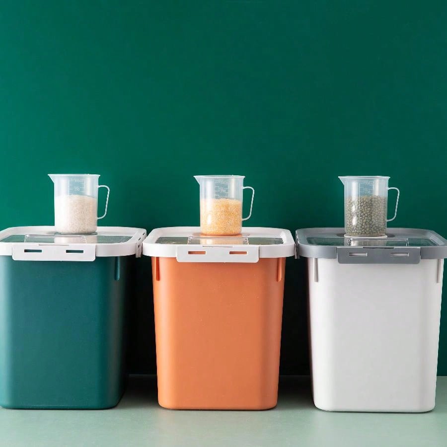 1pc Rice Bucket With Measuring Cup, Covered Food Storage Box, Plastic ...