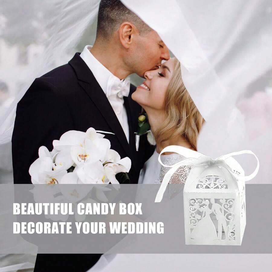 20 Candy Boxes, Wedding Bride And Groom Gift Boxes With Ribbons, Hollow ...