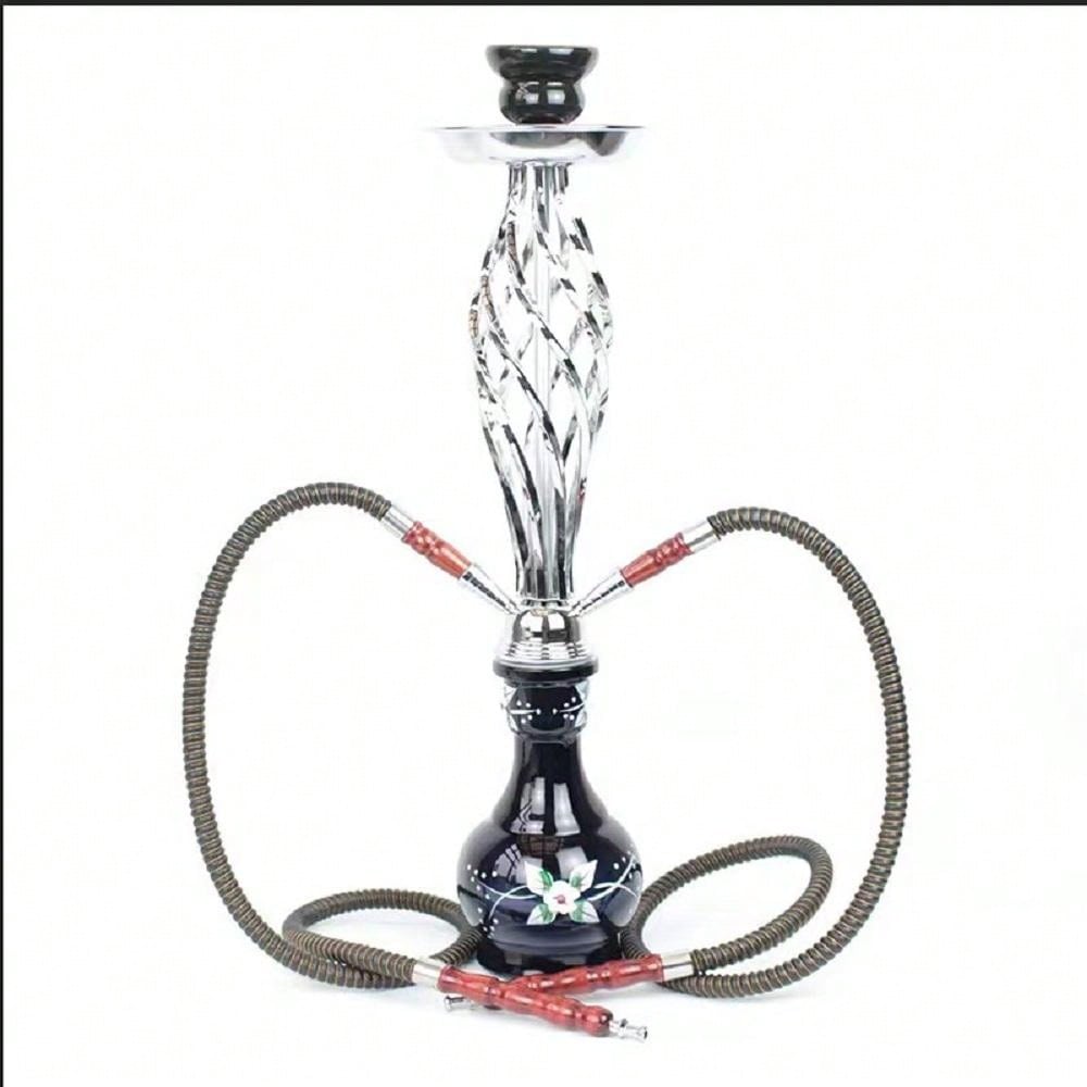 1pc Medium Double Hose Hookah With Carved Threaded Glass Body Set Including Puncher And Charcoal ...