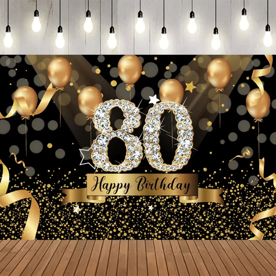 1pc, Happy 80th Birthday Backdrop Golden Balloon Photography Background ...