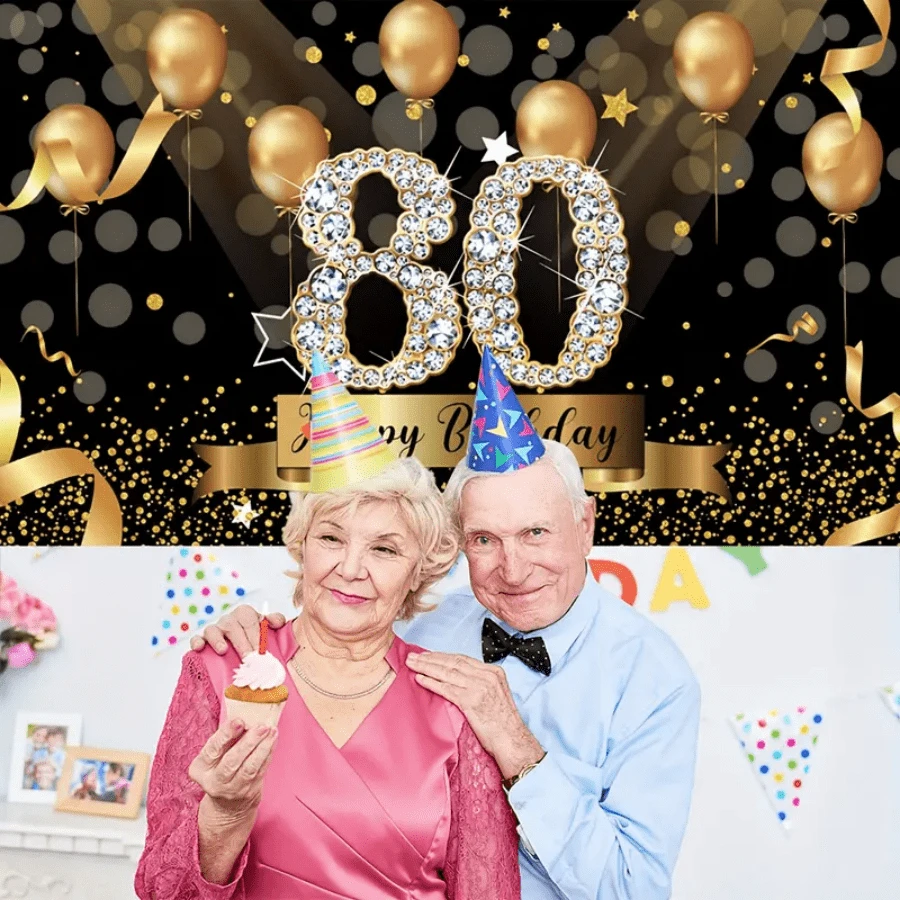 1pc, Happy 80th Birthday Backdrop Golden Balloon Photography Background ...