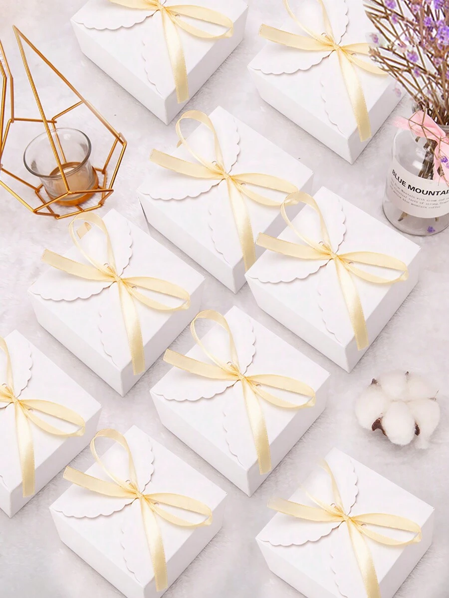 10pcs Simple White Party Favor Gift Box With Gold Ribbon For Wedding ...