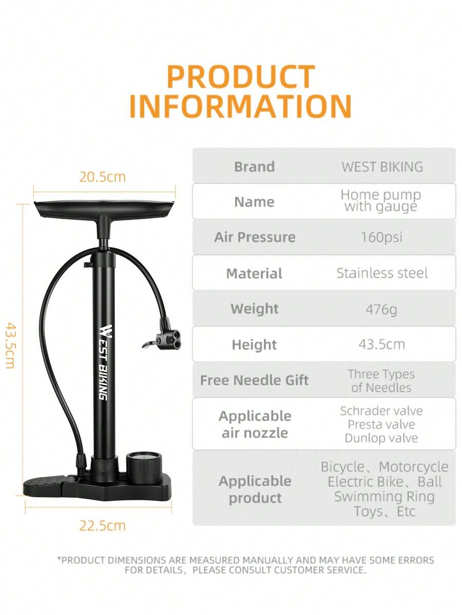 WEST BIKING 1pc West Biking Bicycle Pump 160psi High Pressure Floor Pump For Car And Motorcycle ...