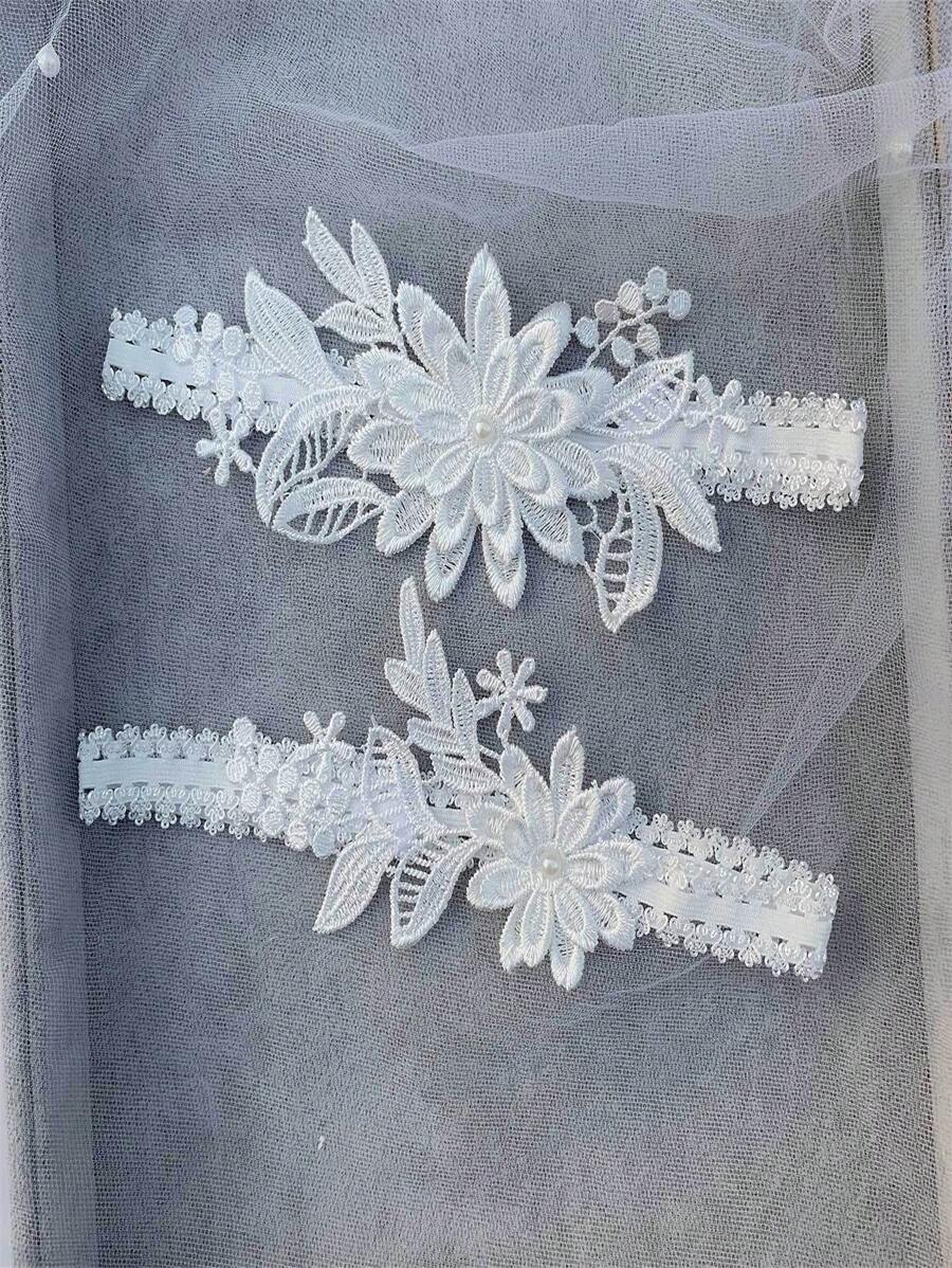 Pair Of Bridal Garters Sky Blue Faux Pearl Lace Embroidery Flower ...