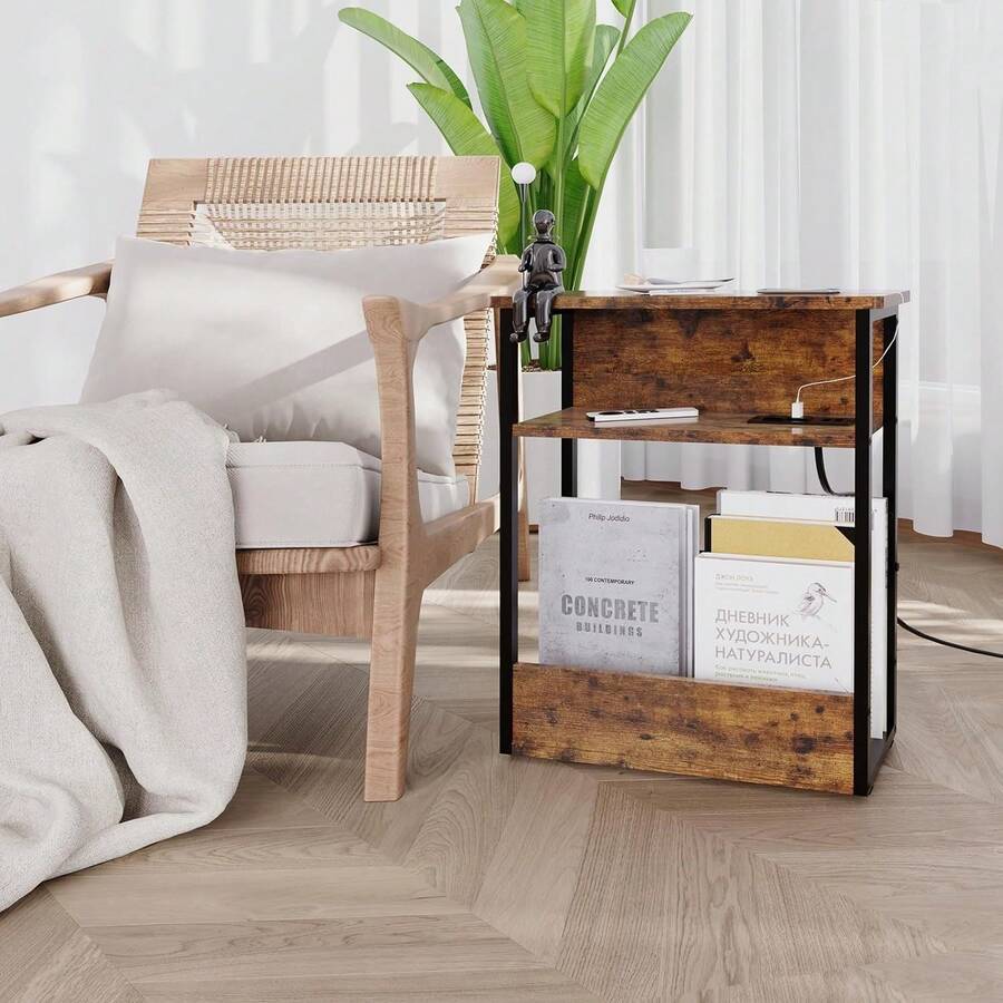 Narrow Side Table With Charging Station 3 Tier Slim End Table For Small ...