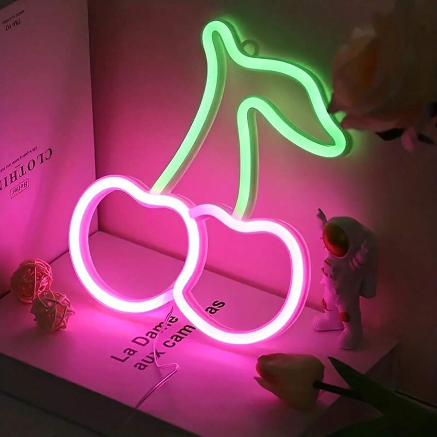 1pc 22.5*19cm Cherry Neon Light Sign, Usb/Battery Powered Cute Fruit ...