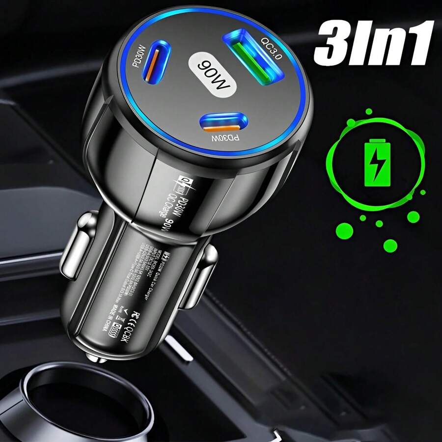 Cargador De Coche Con 1 Puerto Usb Y 2 Puertos Tipo-c/pd, Carga Rápida 3.0, Adaptador Universal ...