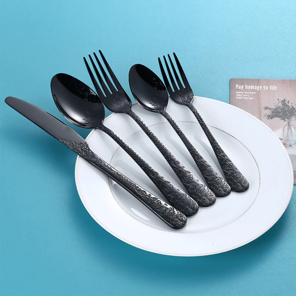 Stainless Steel Cutlery Set With Unique Beautiful Floral Pattern, Black ...