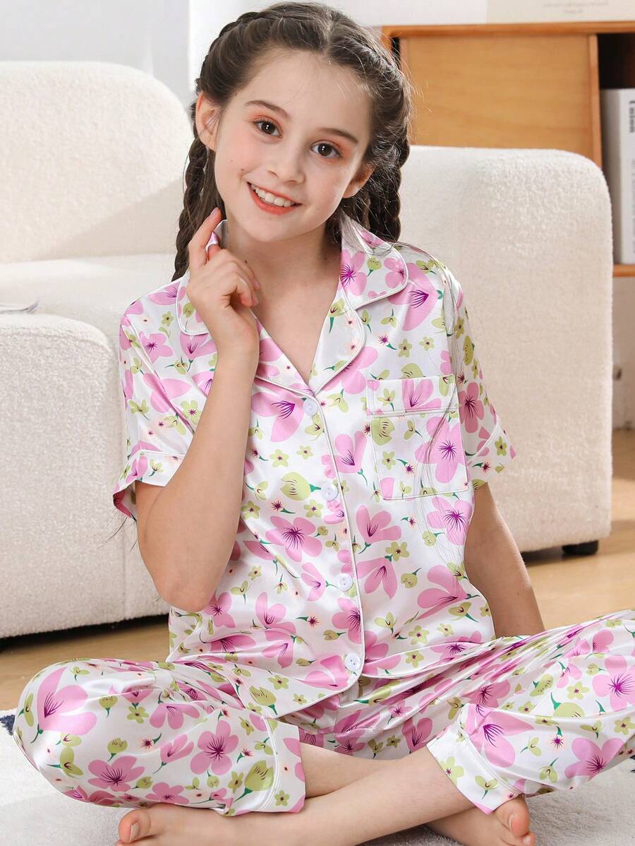 2pcs Tween Girls' Ice Silk Short Sleeve Top And Long Pants Floral Print ...