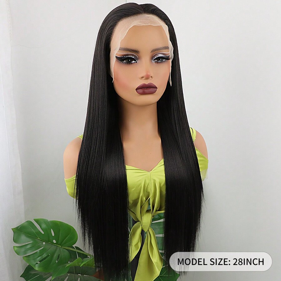 28 Inches Long Straight Dark Black Color Hair Synthetic Lace Front Wigs ...