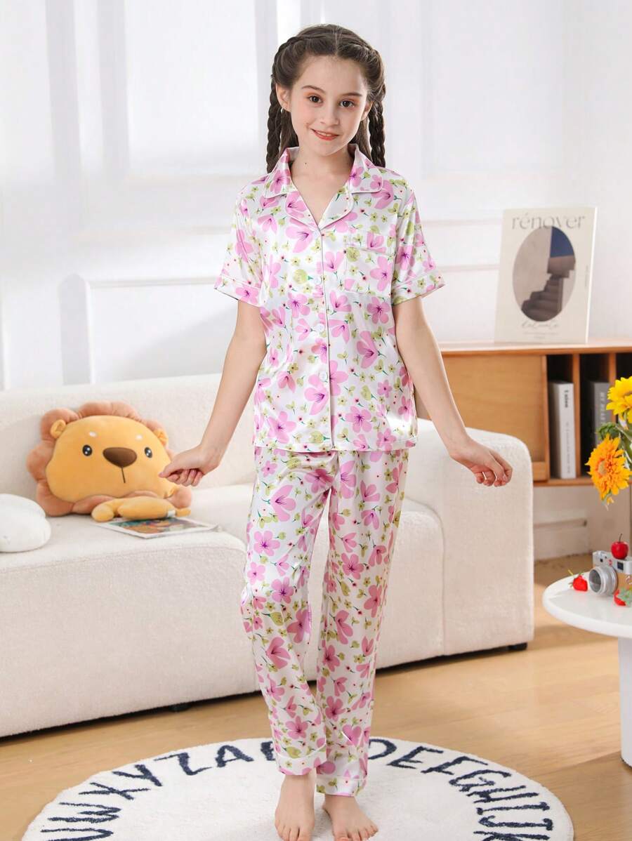 2pcs Tween Girls' Ice Silk Short Sleeve Top And Long Pants Floral Print ...