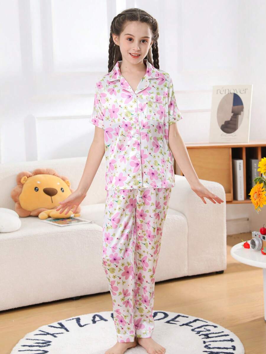 2pcs Tween Girls' Ice Silk Short Sleeve Top And Long Pants Floral Print ...