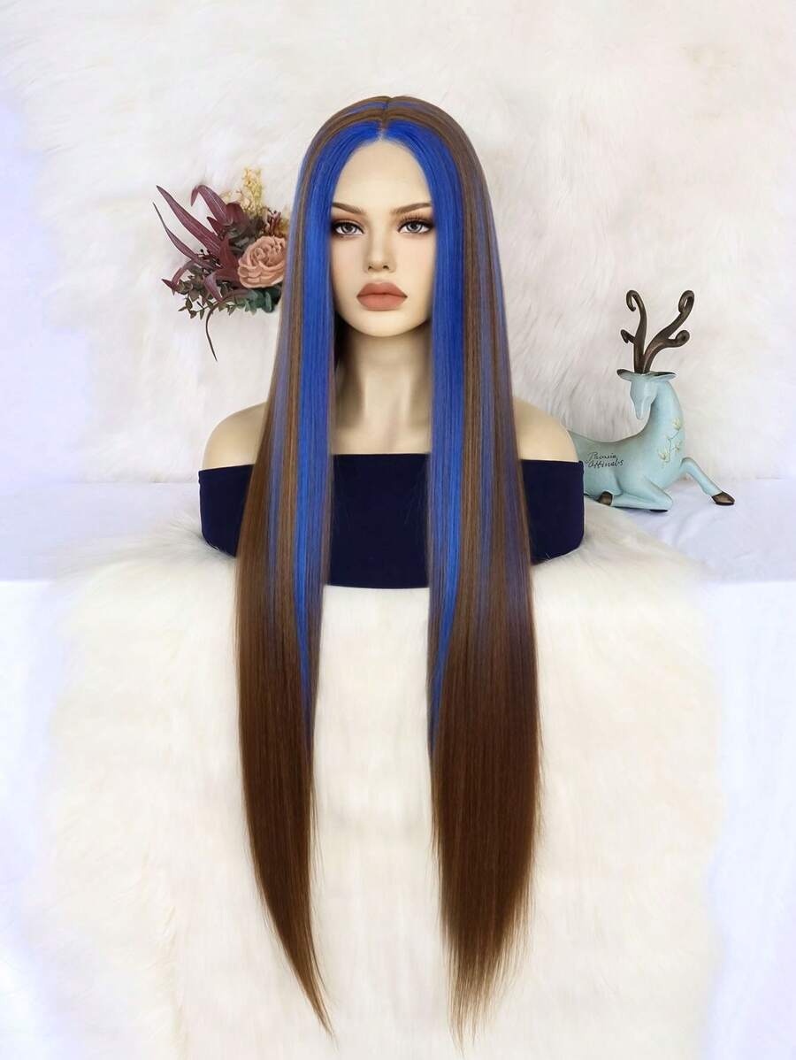 Brown Wig With Royal Blue Streak Highlights Skunk Stripe Wig 40 Inch ...