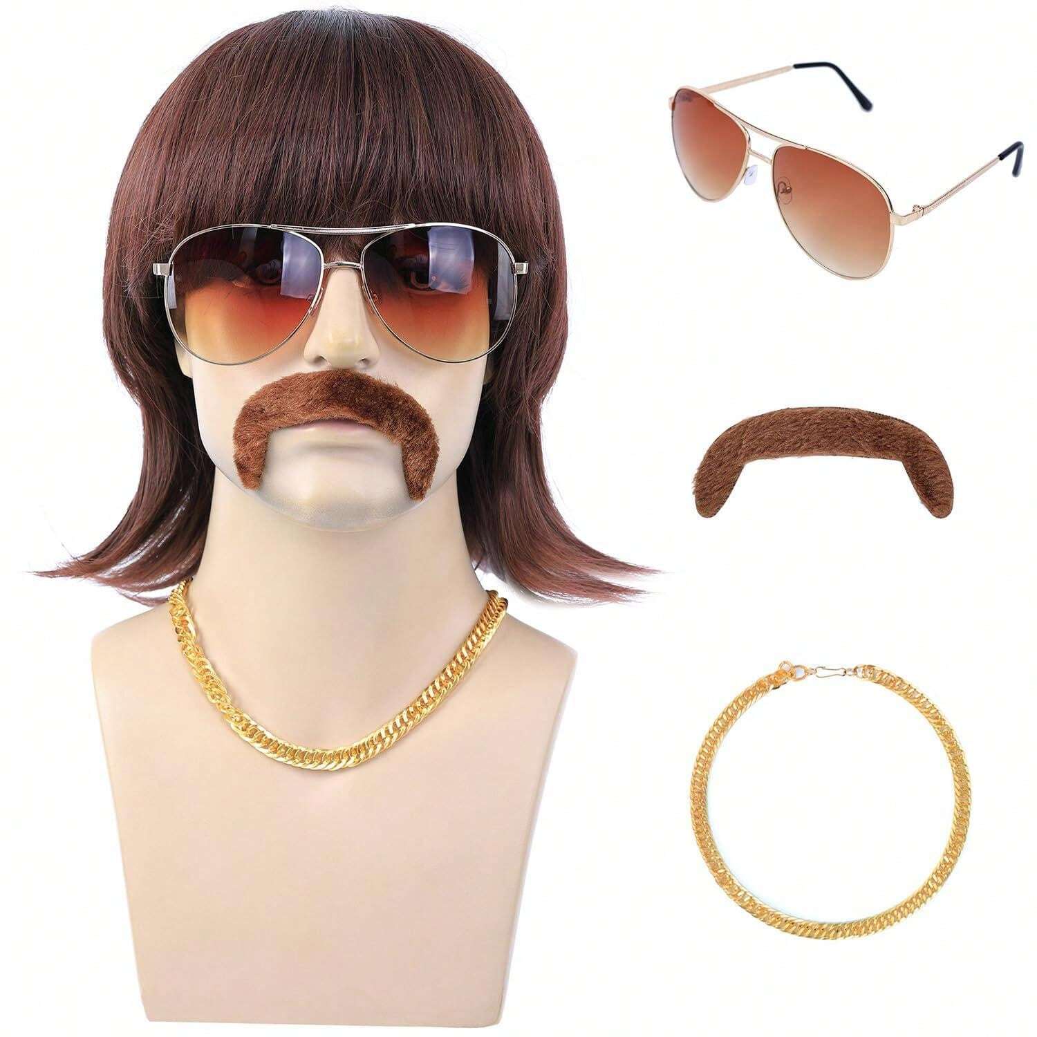 70s 80s Disco Wig With Mustache Glasses And Chain Short Men's Mullet ...