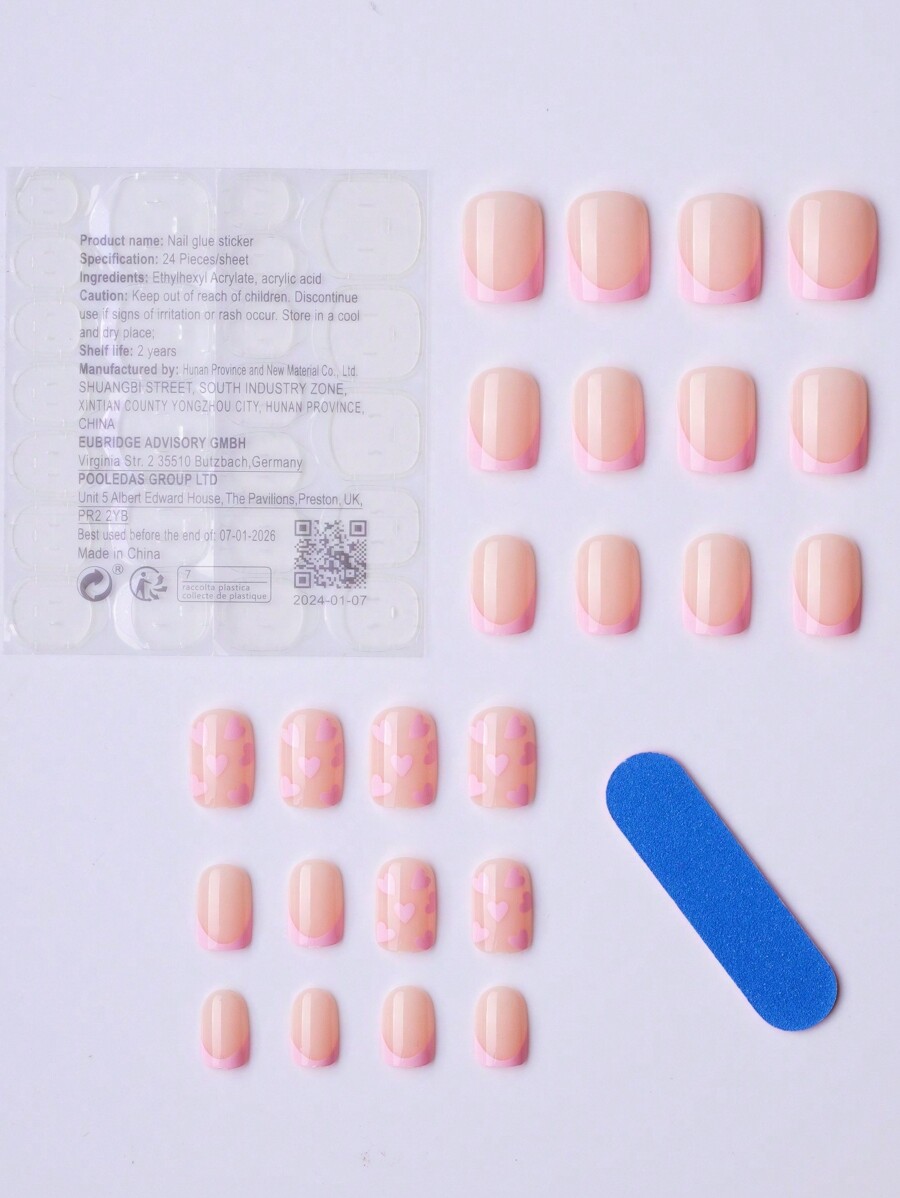 24pcs Short Square With Pink French Tip And Heart Shape Press On Nails ...