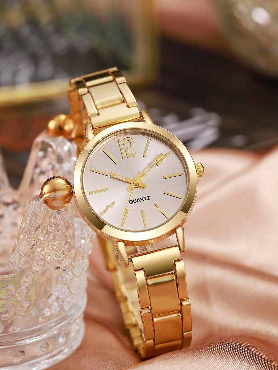 1 Pieza Reloj De Cuarzo Elegante Para Damas De Color Dorado Con Marcas ...