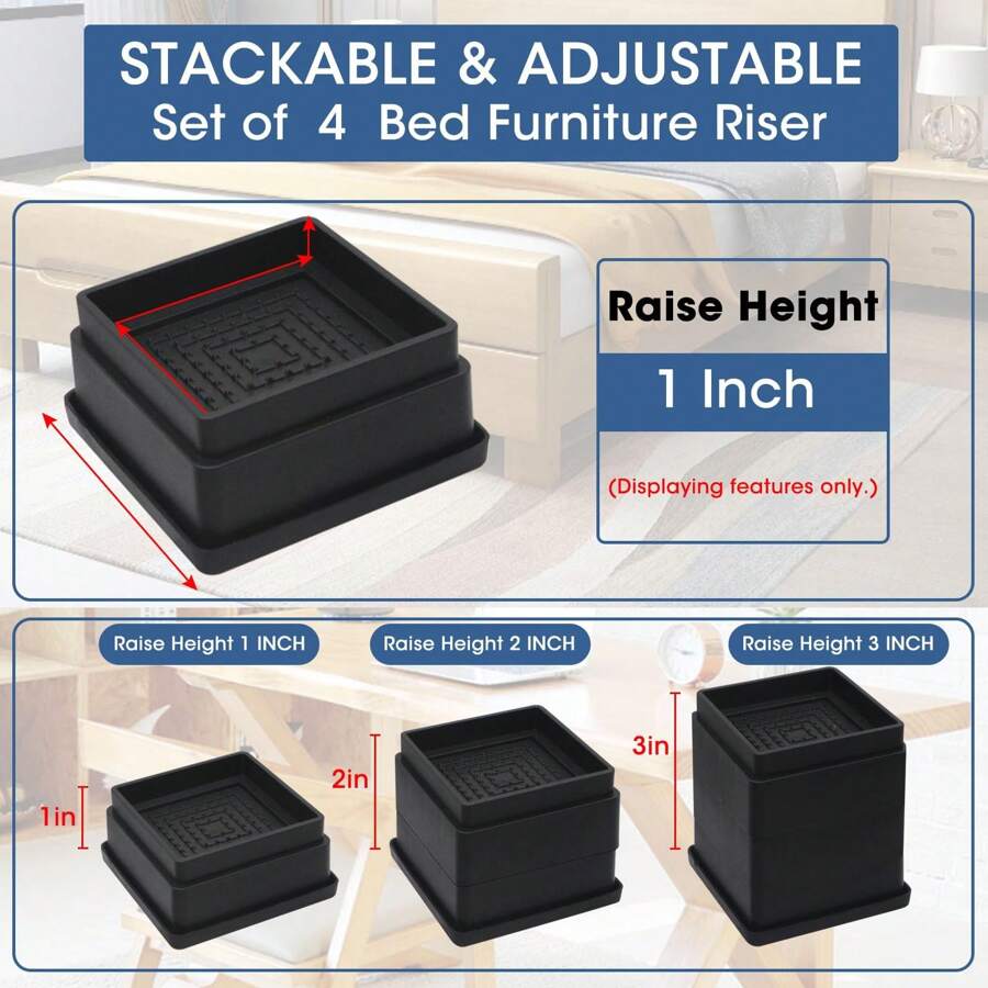 Bed Risers 2 Inch, Set Of 6, Adjustable Bed Furniture Risers 1, 2 Or 3 ...