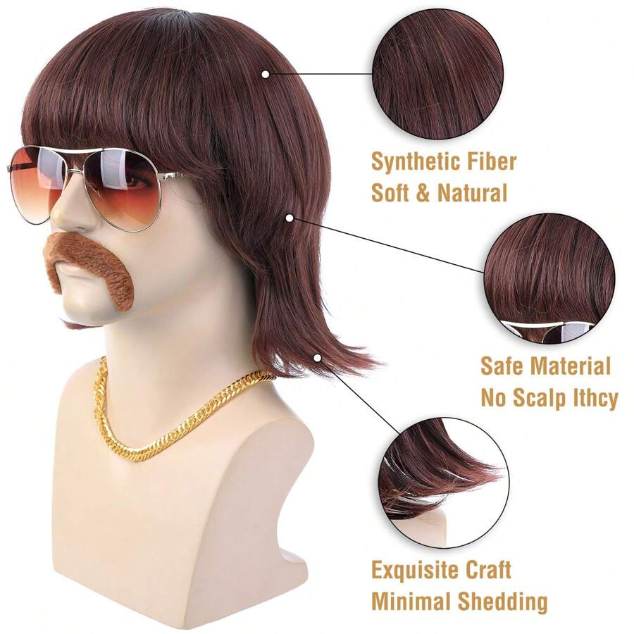 70s 80s Disco Wig With Mustache Glasses And Chain Short Men's Mullet ...