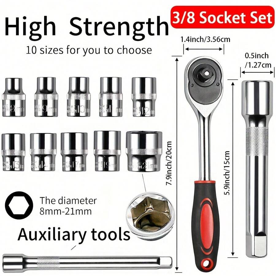 12pcs 1/4 Inch Ratchet Socket Wrench Set With 10 Metric Sockets (4-13mm) And 2-Way Quick Release ...