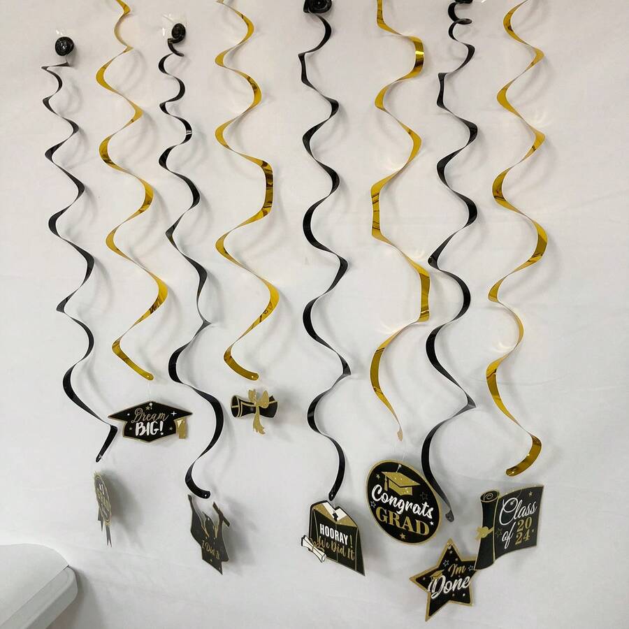 16pcs/Bag Graduation Theme Hanging Swirls Gold & Green Spiral ...