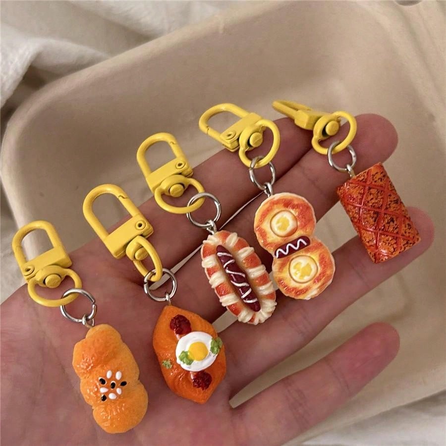 [Set Of 5] Cute Cartoon Food Shaped Keychain Simulation Breakfast Bread ...
